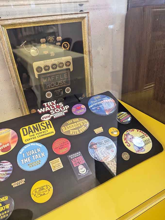 A treasure trove of Waffle House pins and badges that employees once wore with pride&mdash;like merit badges for the breakfast Olympics.