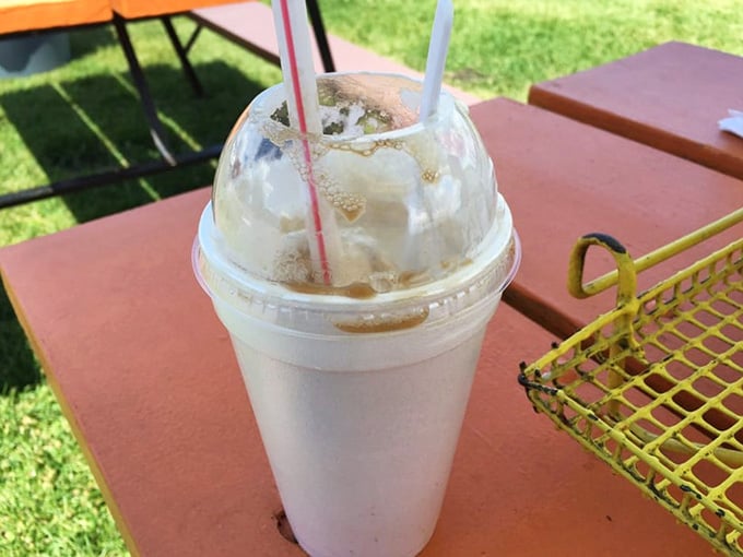 A root beer float so thick it defies physics, sitting pretty on a picnic table like edible nostalgia.