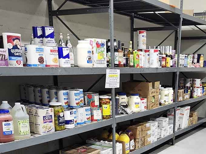 Industrial shelving meets treasure trove as household essentials line up like soldiers waiting to join your shopping cart.