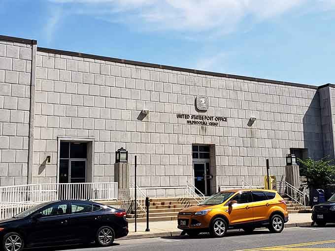 The post office stands ready to mail your "Wish You Were Here" postcards that nobody sends anymore.