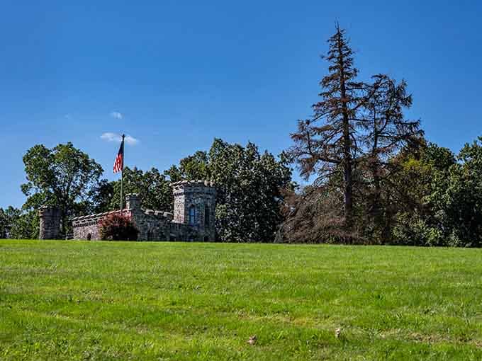 That American flag reminds you this medieval marvel is proudly Massachusetts-made, turrets and all.