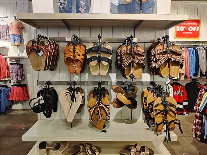 Summer's calling card: a wall of sandals offering everything from beach casual to "I'm-on-vacation-and-feeling-fancy" options at delightful discounts.