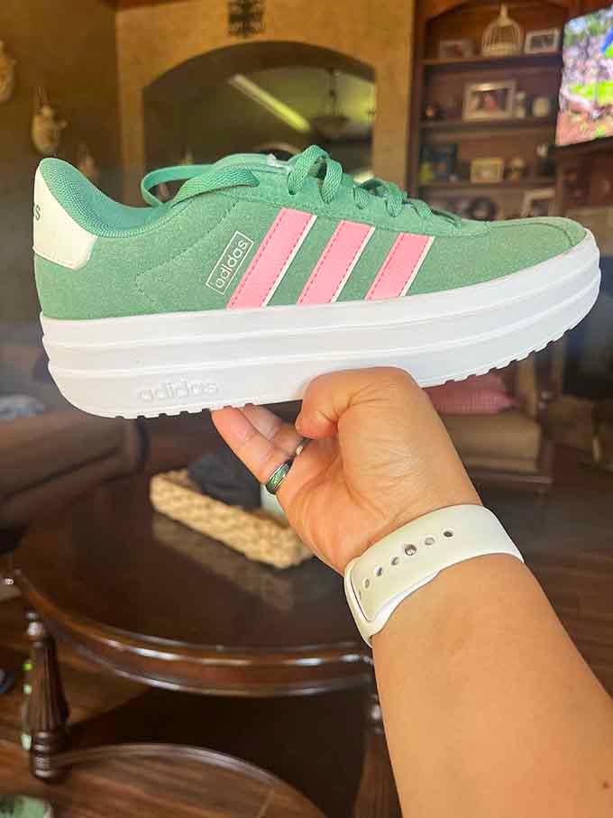 Mint green Adidas with pink stripes? Someone's grandkid is about to become the coolest kid at recess without breaking Grandma's budget.
