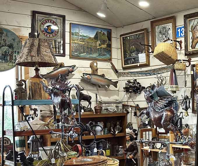The fishing and outdoor section feels like a time capsule of Maine adventures past, where every mounted catch has a tale to tell.