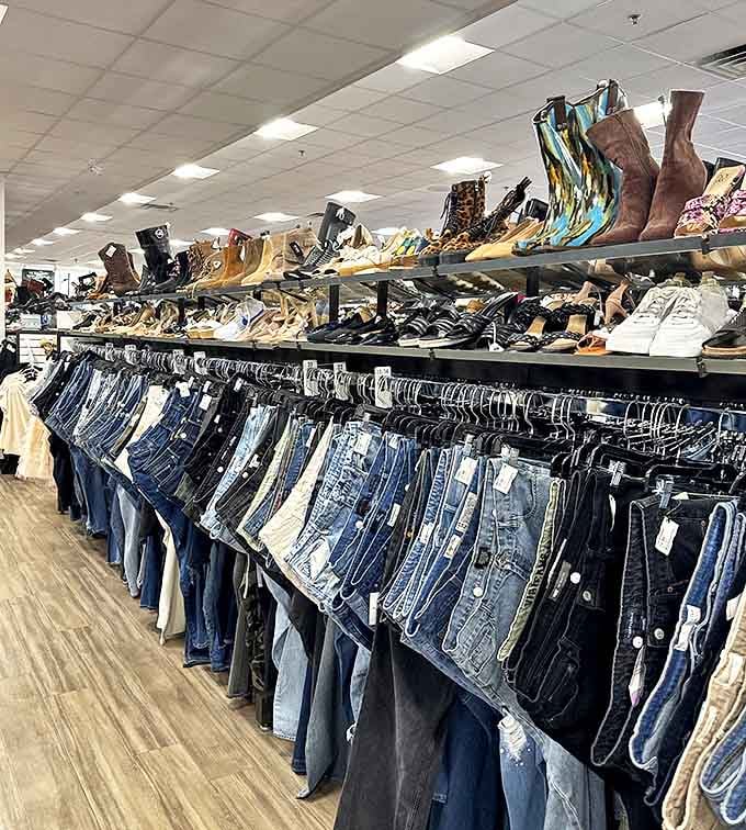 The denim section stretches like a blue jean horizon. Finding your perfect pair feels like striking fashion gold without the gold-level price tag.