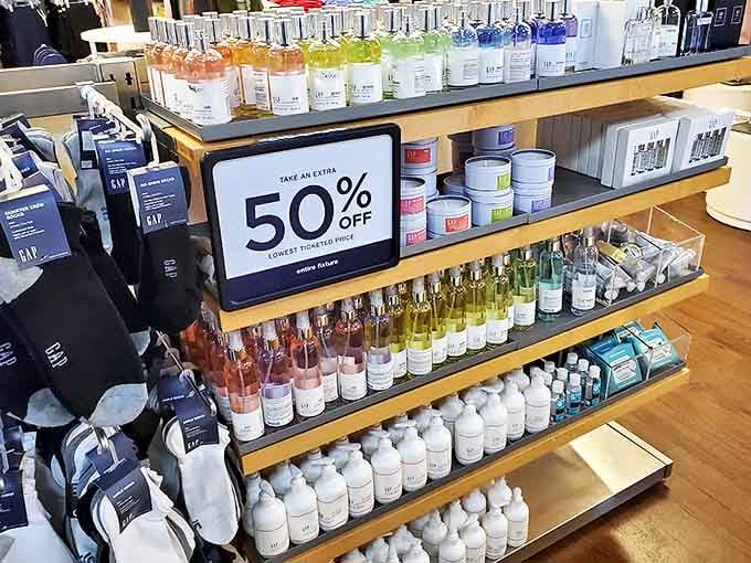 Bath products at 50% off &ndash; because smelling fantastic shouldn't require a second mortgage. The rainbow of scents offers olfactory salvation for bargain hunters.