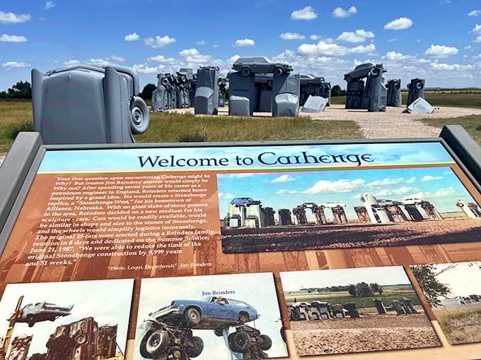 History meets humor at the informational display, where visitors learn how this peculiar prairie monument came to be while Carhenge looms in the background.