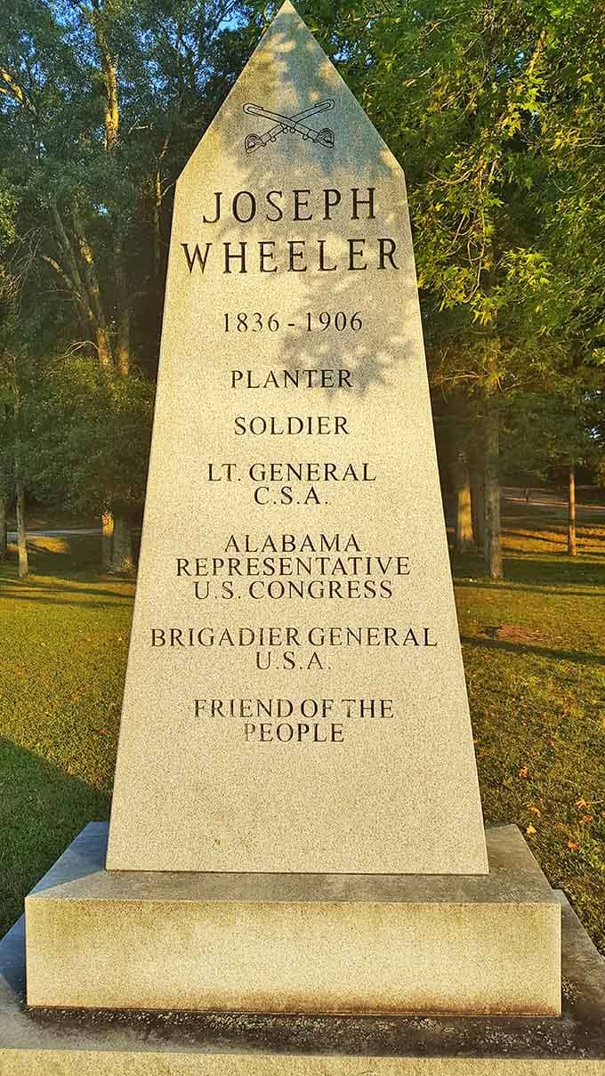 History stands tall in stone. This monument honors General Joseph Wheeler, whose legacy is preserved in this natural paradise.