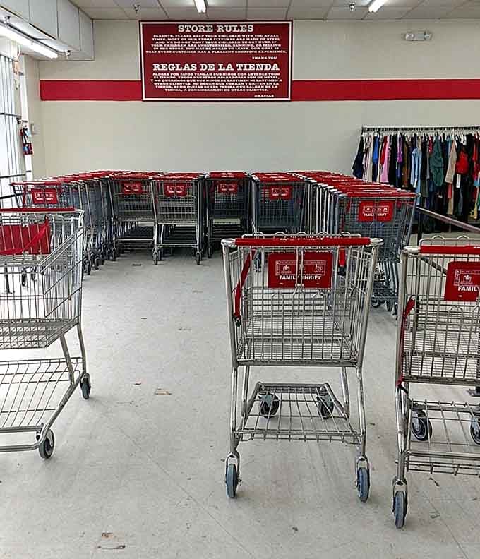 Shopping cart central&mdash;the starting line for your thrifting marathon. That store rules sign isn't kidding; serious bargain hunters come prepared with a strategy.