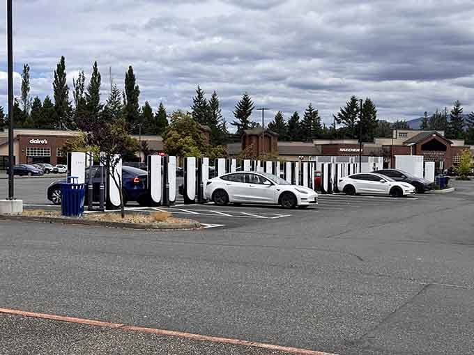 Tesla owners can shop guilt-free knowing their cars are charging faster than they're spending money inside.