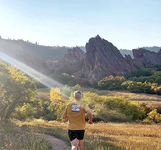 Morning light transforms ordinary trails into golden pathways of possibility. Just one hiker and infinite wonder ahead.