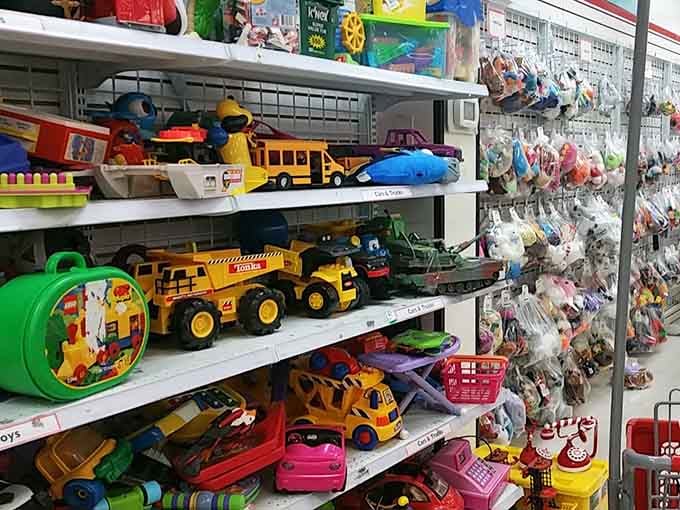Childhood nostalgia by the bucketful. These toy shelves could stock a daycare center or fuel a collector's passion for vintage playthings.