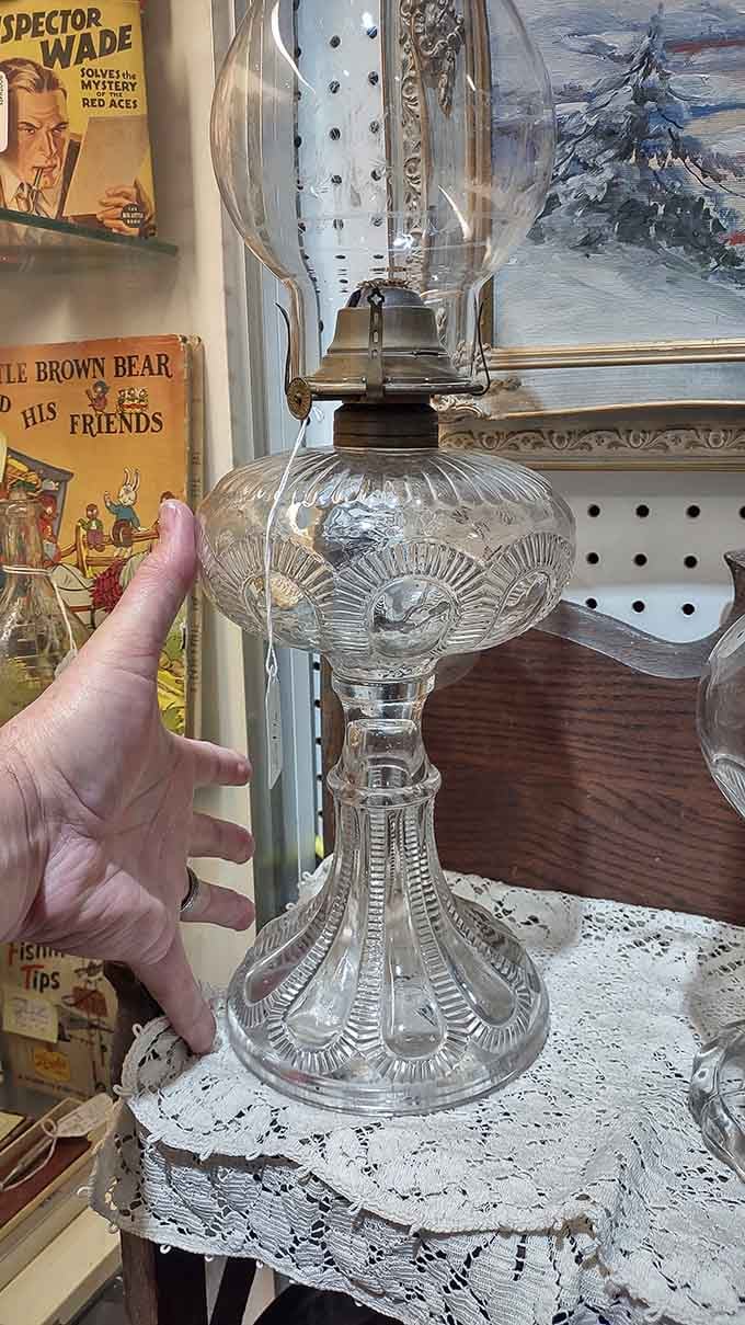 Crystal clear memories&mdash;this ornate vintage oil lamp would have illuminated someone's cherished novels long before Netflix existed.