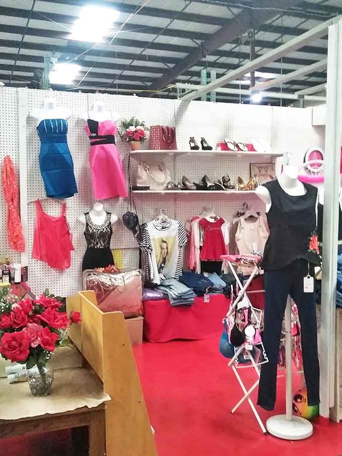 Fashion finds its second act in this vibrant booth. Those blue and pink dresses aren't just clothes&mdash;they're waiting for their next adventure.