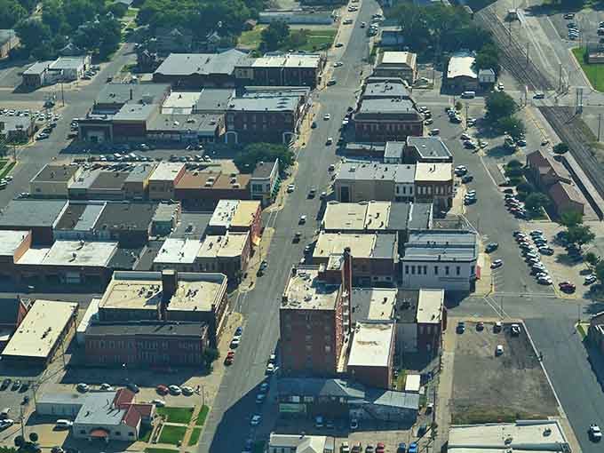 Aerial view reveals a downtown grid where every street corner holds a piece of presidential history.