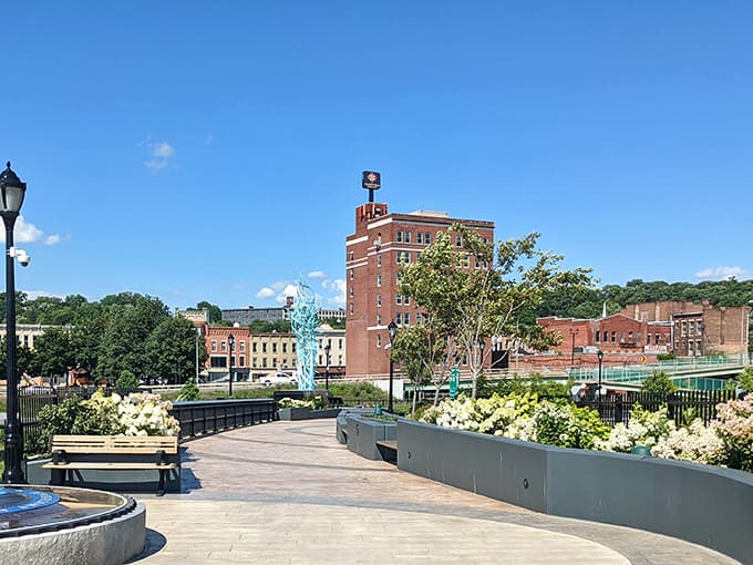 This walkway offers peaceful benches and blooming planters where you can watch the water flow by lazily.