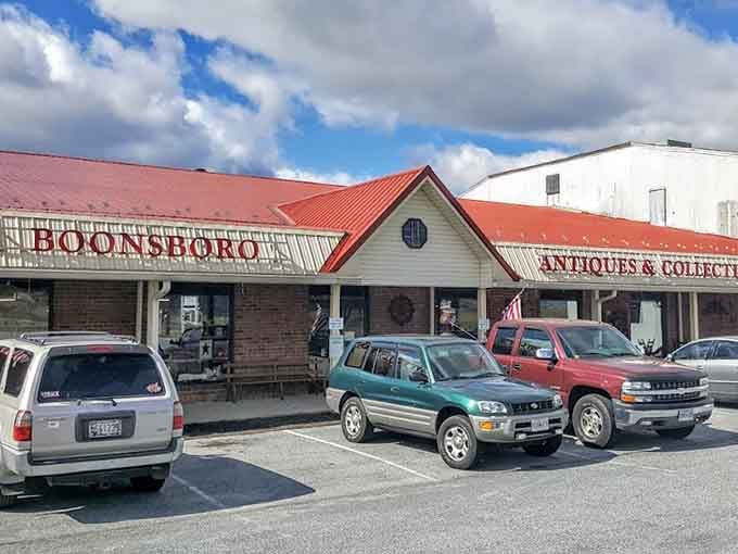 That distinctive red roof signals serious antique hunting ahead, like a beacon for collectors and curious browsers alike.