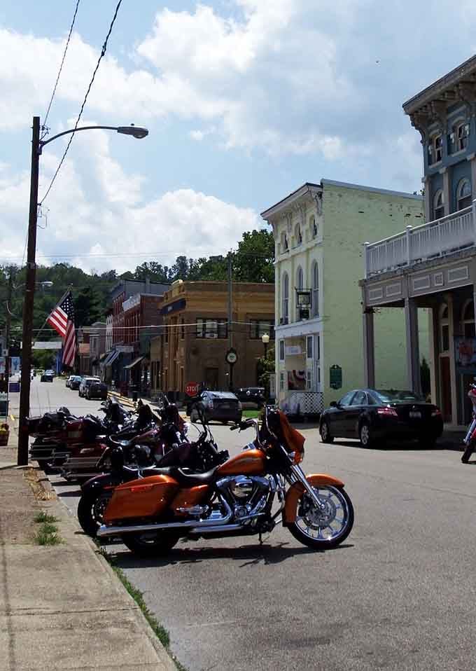 Those Harleys parked out front tell you this town welcomes everyone, from bikers to antique hunters alike.