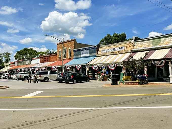 Bell Buckle's storefronts decorated with patriotic bunting welcome shoppers looking for treasures in this peaceful small town.