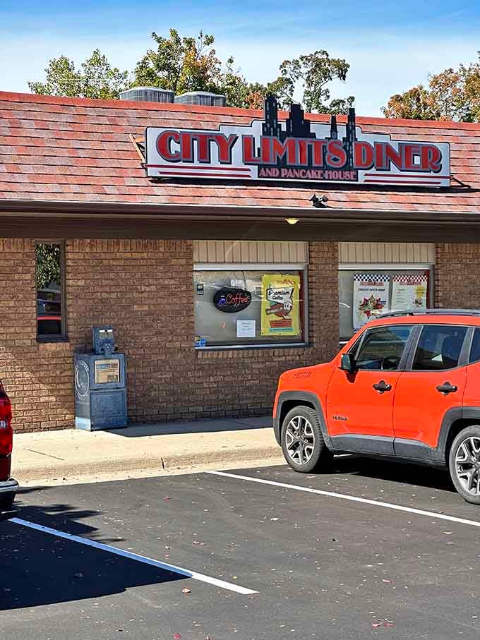 City Limits proudly announces its pancake prowess right on the sign&mdash;a promise they deliver on with every fluffy stack.