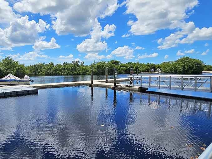This mirror-smooth boat launch reflects puffy clouds so perfectly you'll question which way is actually up.