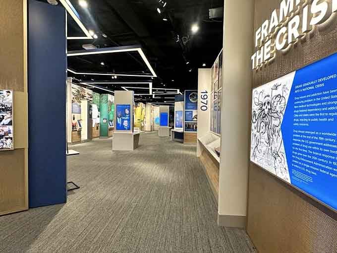 Modern exhibits inside reveal how law enforcement tackles drug trafficking with cutting-edge investigative techniques and tools.