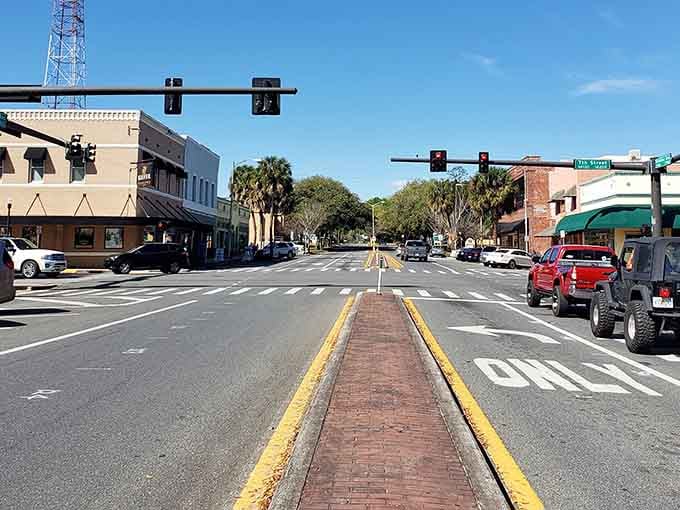 Wide streets and brick medians create a downtown where you can actually cross without playing Frogger with traffic.