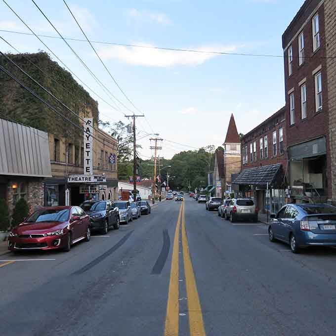 Fayetteville's quaint main street features the historic Lafayette Hotel and theater, perfect for exploring before hitting nearby outdoor adventures.