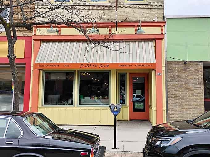 This cheerful storefront pops with color like a farmers market, promising fresh ingredients and creative sandwiches within.