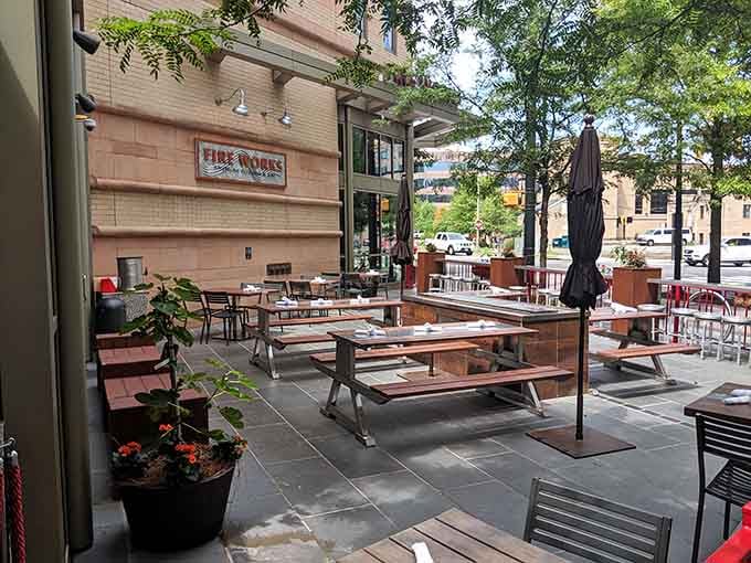 Fire Works' outdoor patio creates the perfect urban oasis for enjoying wood-fired delights and people-watching.