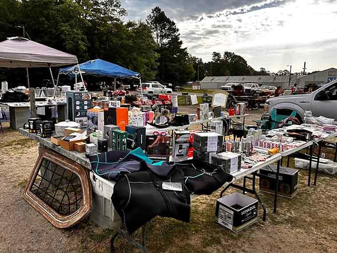 One vendor's eclectic collection sprawls across tables like a yard sale that hit the jackpot and never stopped growing.