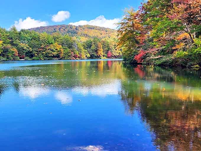Fall colors paint the mountainside and mirror perfectly in still water, doubling your visual pleasure instantly.