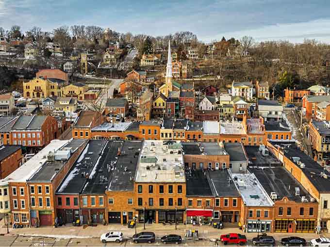 Galena's timeless Main Street, where century-old brick buildings cascade down hillsides like a perfectly preserved slice of Americana.