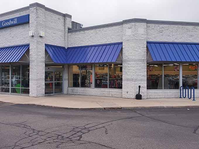 Goodwill's crisp blue awnings and clean lines promise an organized treasure hunt within. Thrifting with dignity!