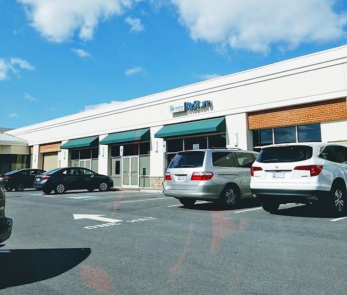 The clean lines and teal awnings give this ReStore a surprisingly modern vibe for a place selling yesterday's treasures.