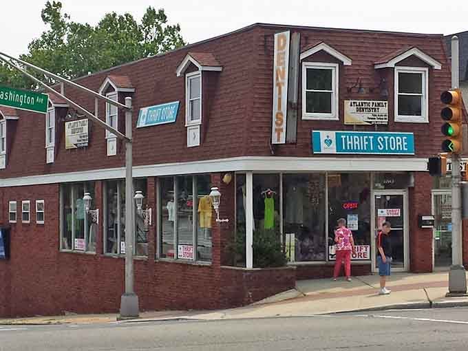 This charming brick corner building has that classic neighborhood feel, like visiting your favorite aunt's attic full of treasures.