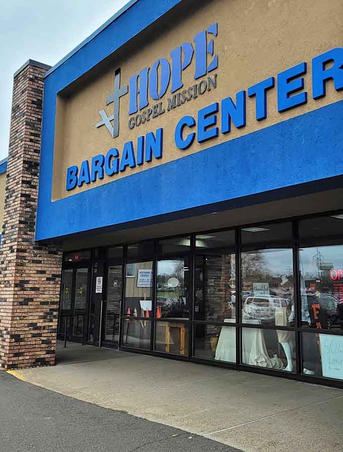 Bold blue lettering announces your arrival at a bargain center where hope and great deals go hand in hand.