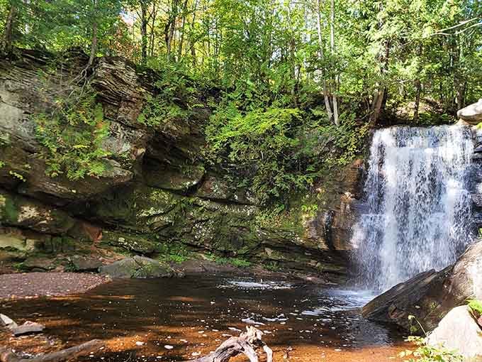Moss-covered rocks frame this intimate cascade that whispers rather than roars, inviting you to lean in and listen.