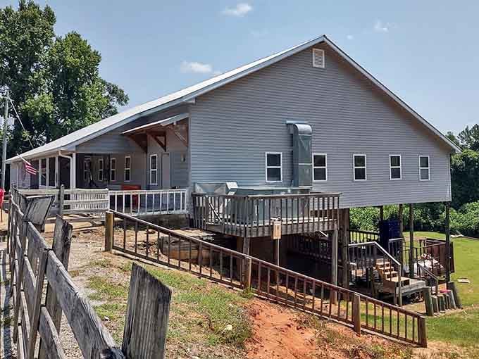 The barn-like structure with its long ramp hints at the family-friendly, come-as-you-are dining experience waiting inside.