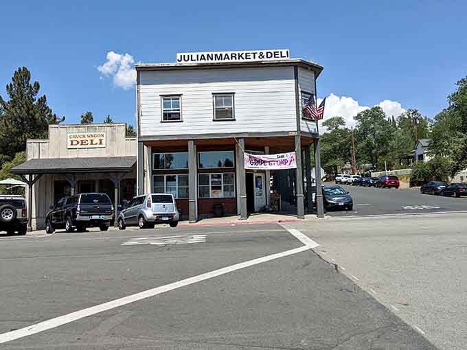 That classic two-story market stands proud like something from a Western, complete with American flag waving overhead.