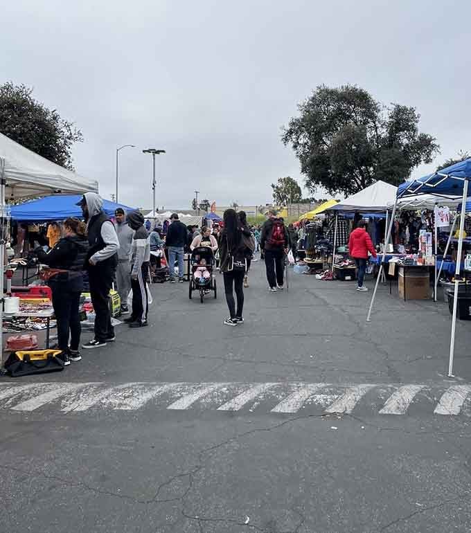 Overcast skies can't dampen the spirits of shoppers hunting for deals among the colorful tents and tables.