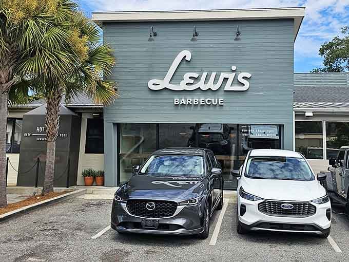 Lewis Barbecue's modern blue-gray building might look sleek, but inside it's all about time-honored smoking techniques and melt-in-your-mouth brisket.