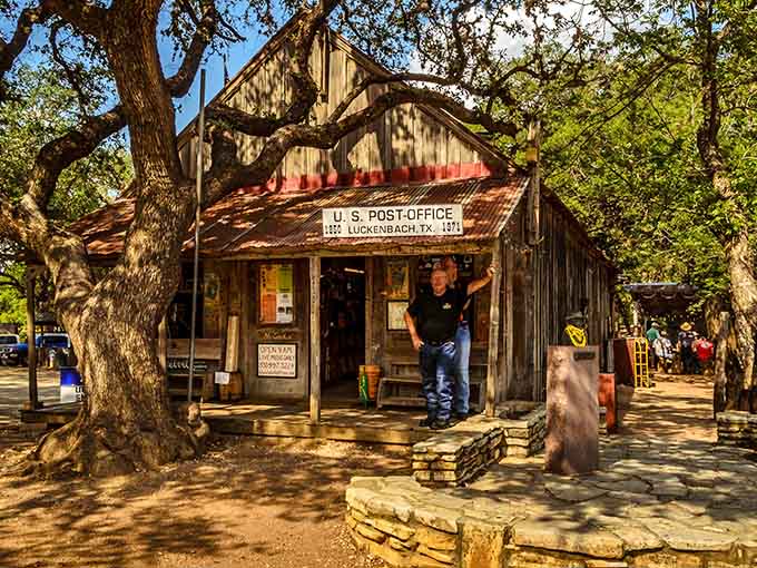 The rustic wooden building stands proud, inviting visitors to step inside and mail a postcard from legend.
