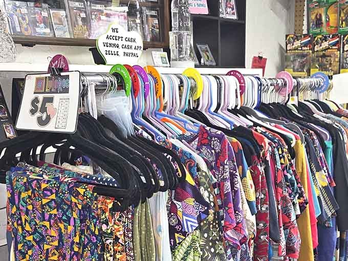 Five-dollar shirts hanging in a kaleidoscope of patterns prove that fashion doesn't require emptying your retirement account.