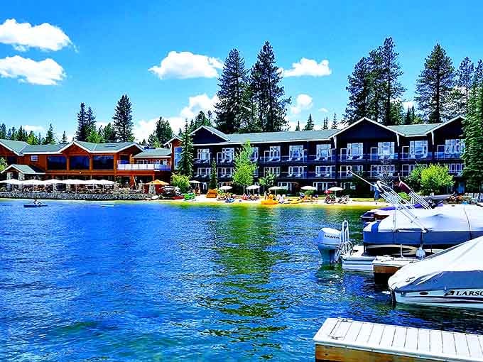 Blue waters meet blue skies at McCall's waterfront, where boats bob gently like nature's metronome marking perfect summer days.