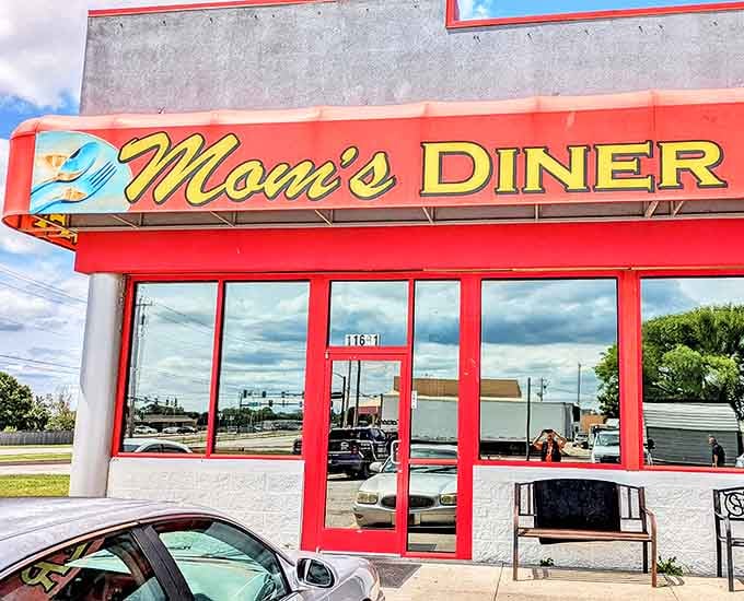 Mom's Diner's retro red signage promises the kind of meals that make you want to unbutton your pants afterward.