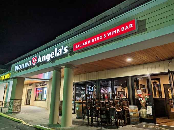 Nonna Angela's glowing storefront welcomes hungry visitors after dark. Like finding your Italian grandmother's kitchen in a strip mall!
