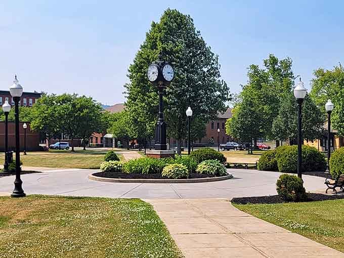 Green spaces and classic clock towers anchor a town square where community still matters more than commerce.