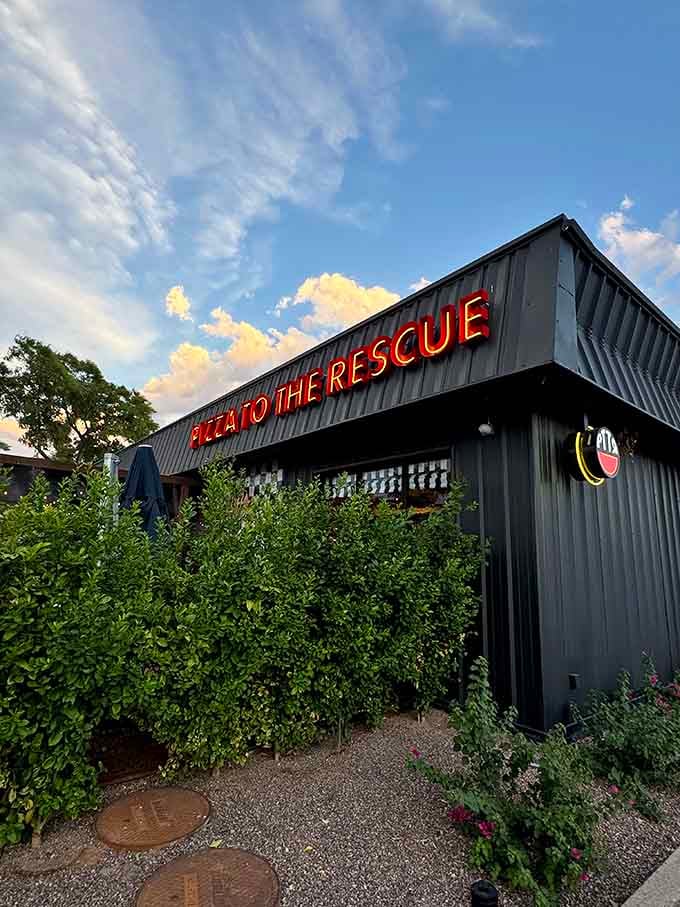 "Pizza To The Rescue" isn't just a name—it's a promise written in bright red neon against the night sky. The superhero of hunger pangs!