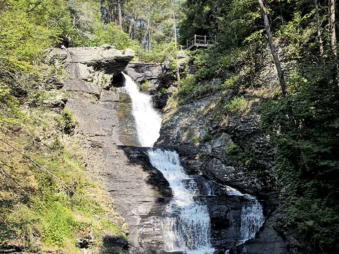 Raymondskill's dramatic upper section launches water into space before it crashes down to the next level below.
